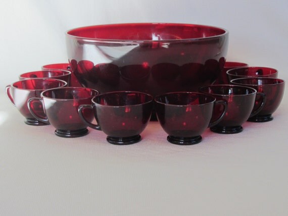 Ruby Red Depression Glass Punch Bowl and Cups