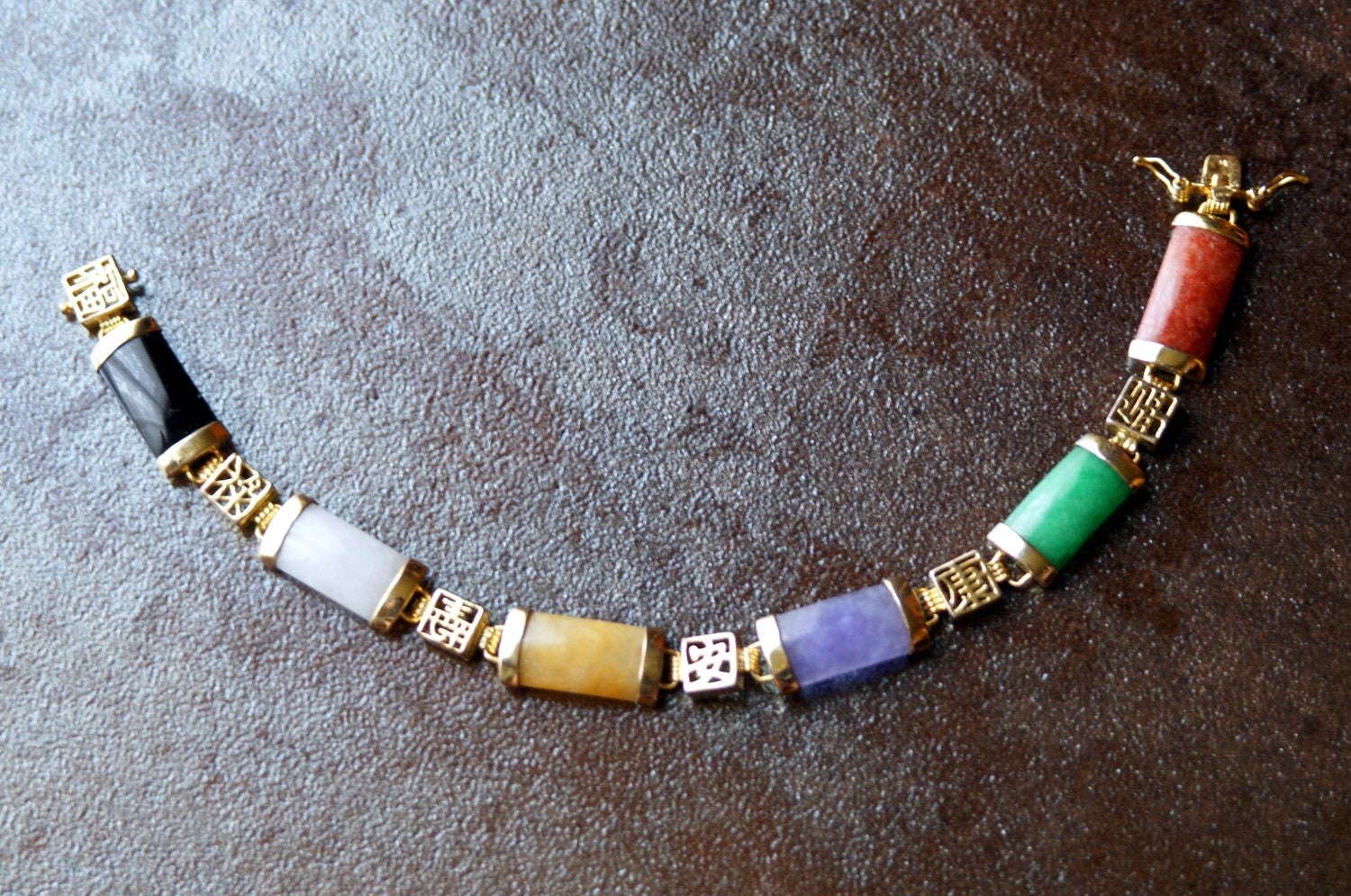 Multi-Color Jade Link Bracelet With Chinese Characters
