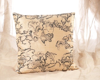 A printed raw silk cushion cover, World map inspired print, An original ...
