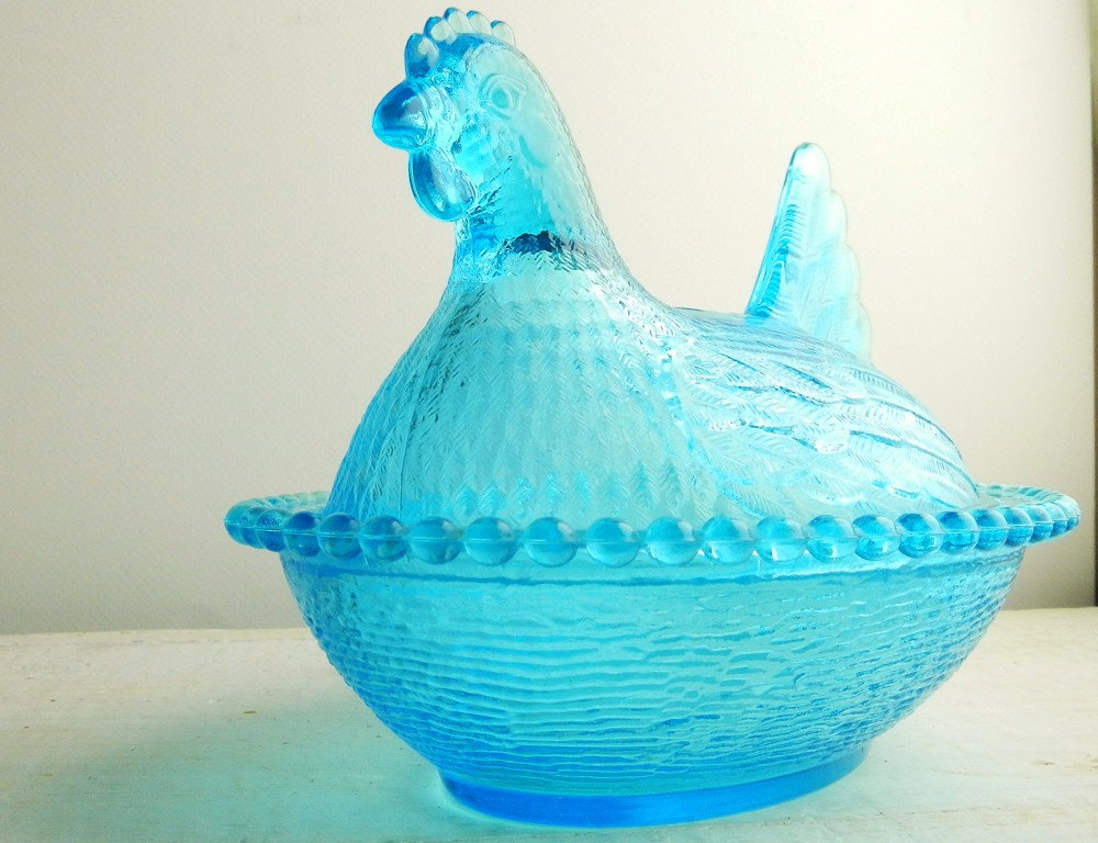 Vintage Country Blue Glass Chicken Candy Dish with Lid