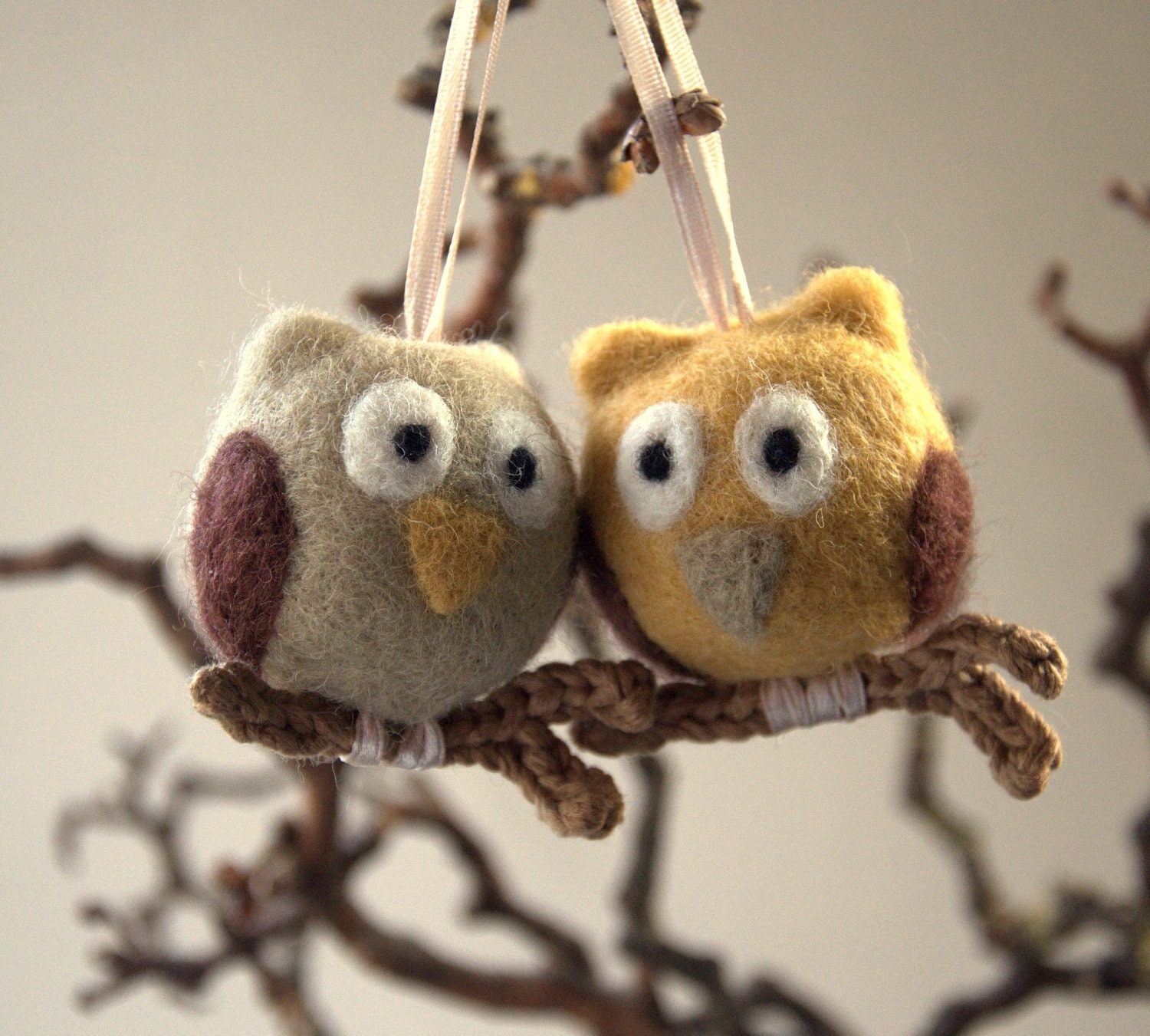 Christmas 2 needle felted owls ornament on crochet wooden