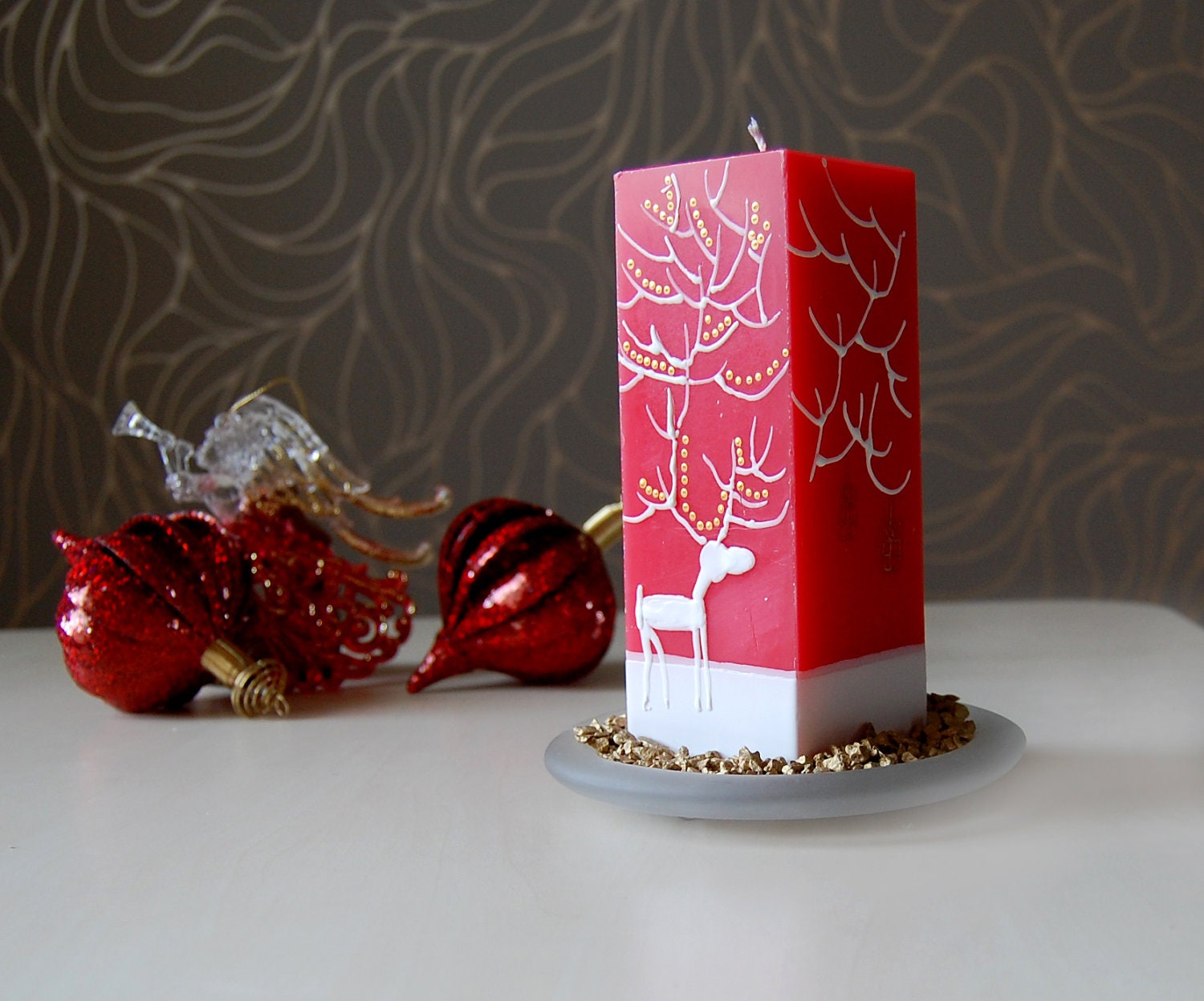 Christmas Pillar Candle Rectangle Handpainted by LessCandles
