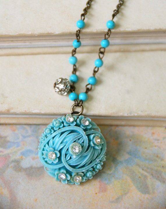 Powder Blue Vintage Celluloid Rhinestone Necklace