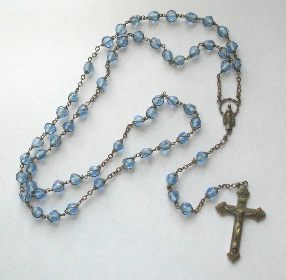 Items similar to Blue Glass Rosary Catholic Religious Artifact Cross ...