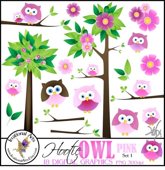 Hootie OWL Pink Set 1 digital graphics clip art 18 png files