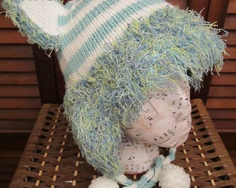 Items similar to Knit blue green earflap hat with braided pulls: Child ...