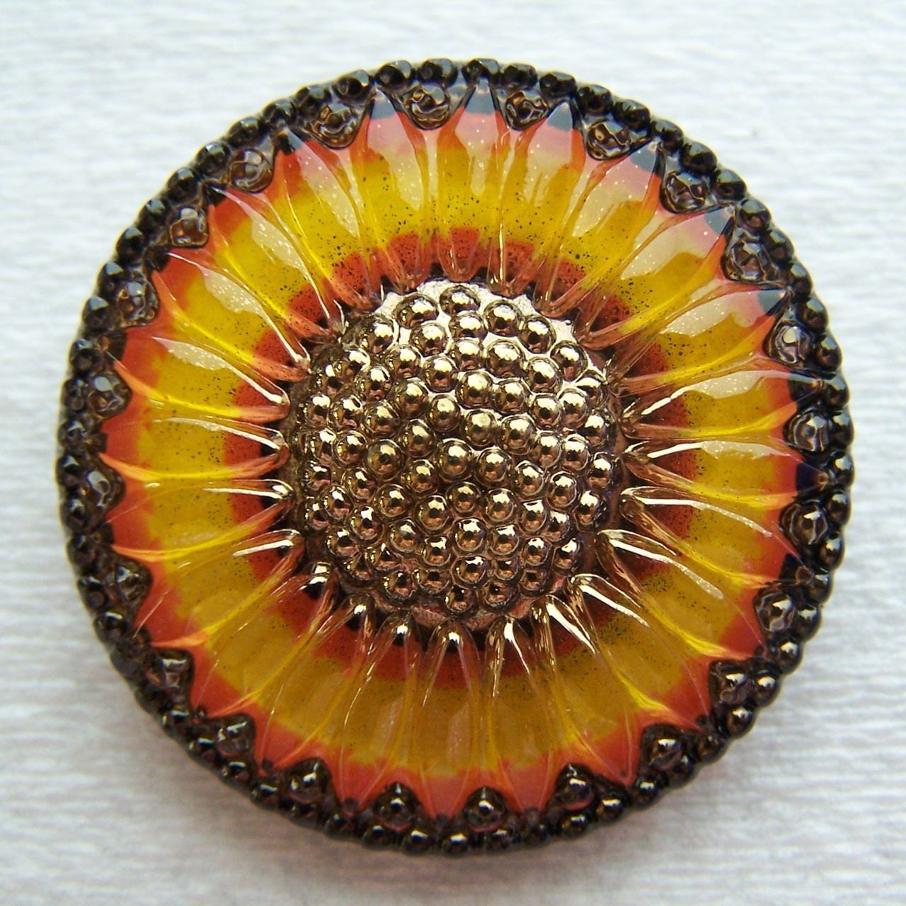 LARGE czech glass button Golden Sunflower 1 1/4 x1