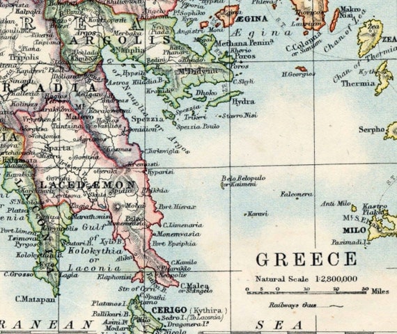 1914 Antique Map of Greece. With Inset of the Cyclades Islands