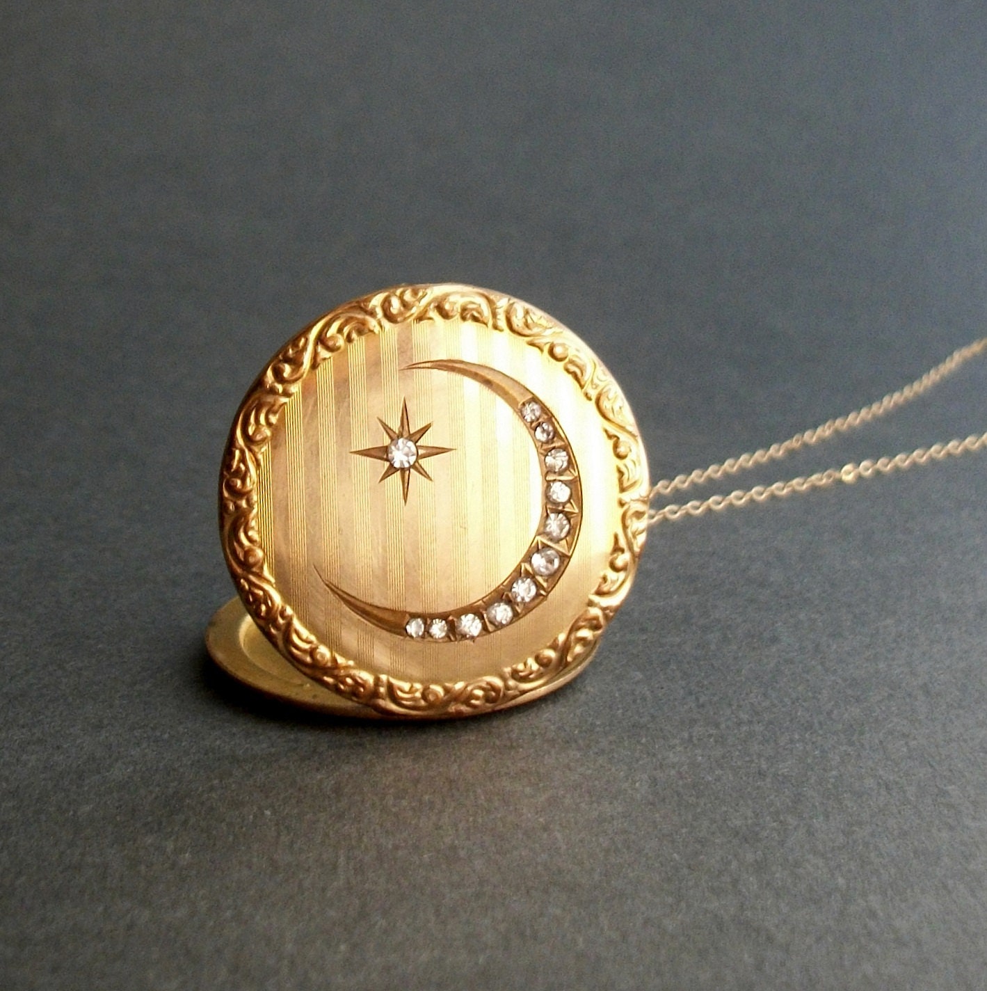 Antique Moon & Star Locket. Beatrice Crescent. Stripes.