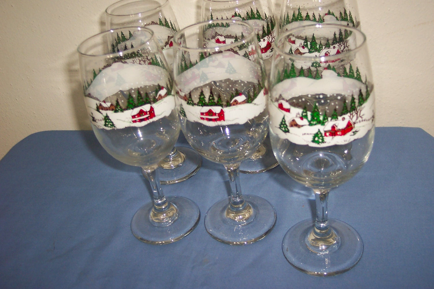 Vintage Clear Glass Goblets Set Of 6 Winter Scene