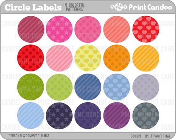 Circle Labels in Colorful Patterns Set of 20 Personal and