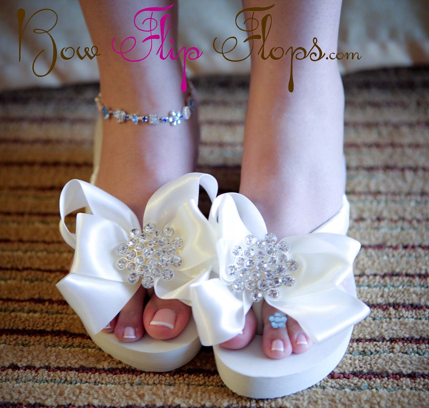 Ivory White Wedge Bridal Flip Flops Jewel Rhinestone Satin Rhinestone ...