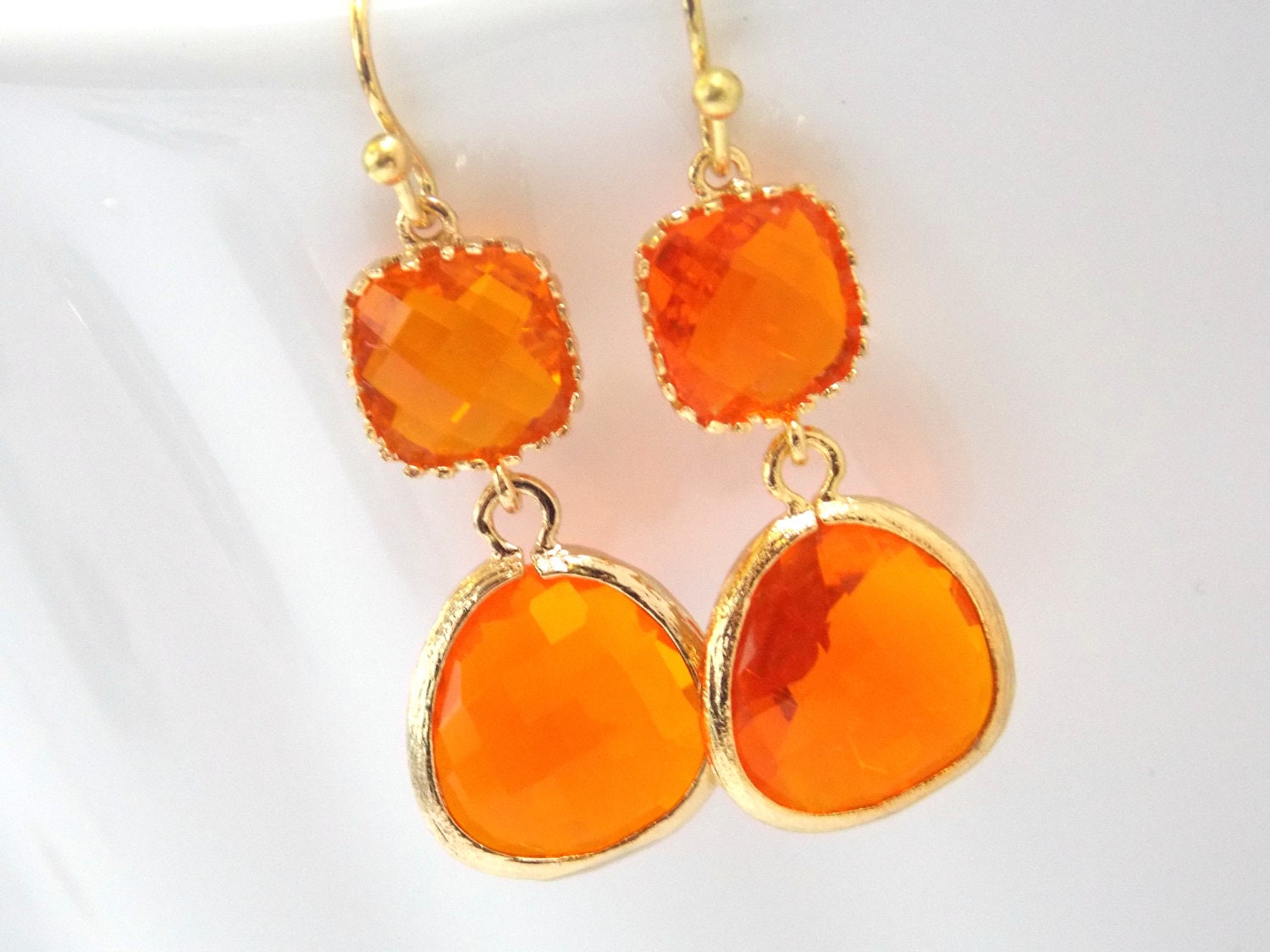Glass Earrings Orange Earrings Gold Orange Earrings