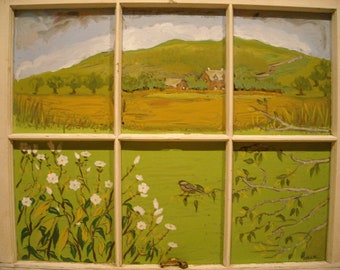 Vintage painted window 34" X 27 1/2", Antique painted window, Acrylic ...