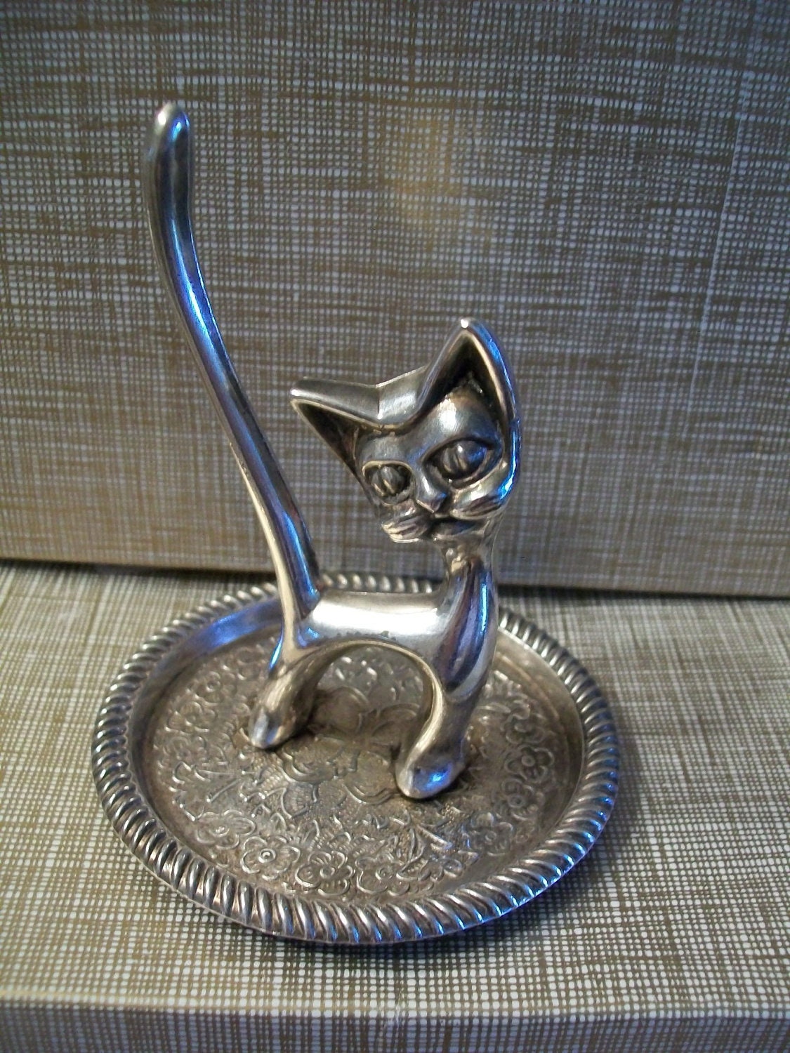 Silver plate Kitty Cat Ring Holder Leonard Italy mid modern
