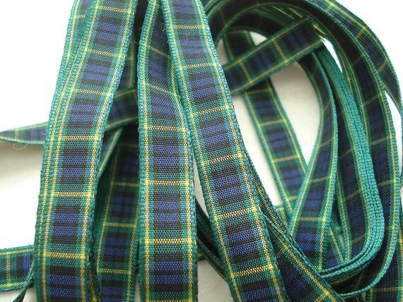 Green Blue Yellow Tartan Ribbon 3 metres. Plaid ribbon Check