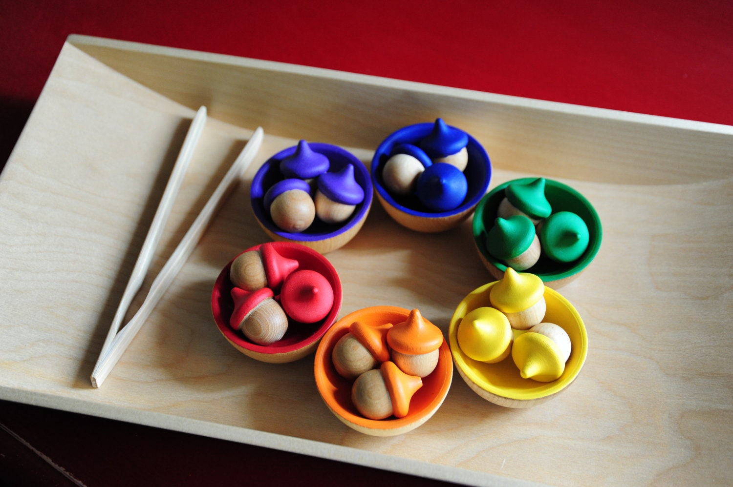 Rainbow Wooden Sorting Bowls Educational Montessori Waldorf