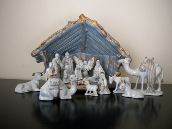 Vintage Ceramic Nativity Scene in Manger Holiday Christmas