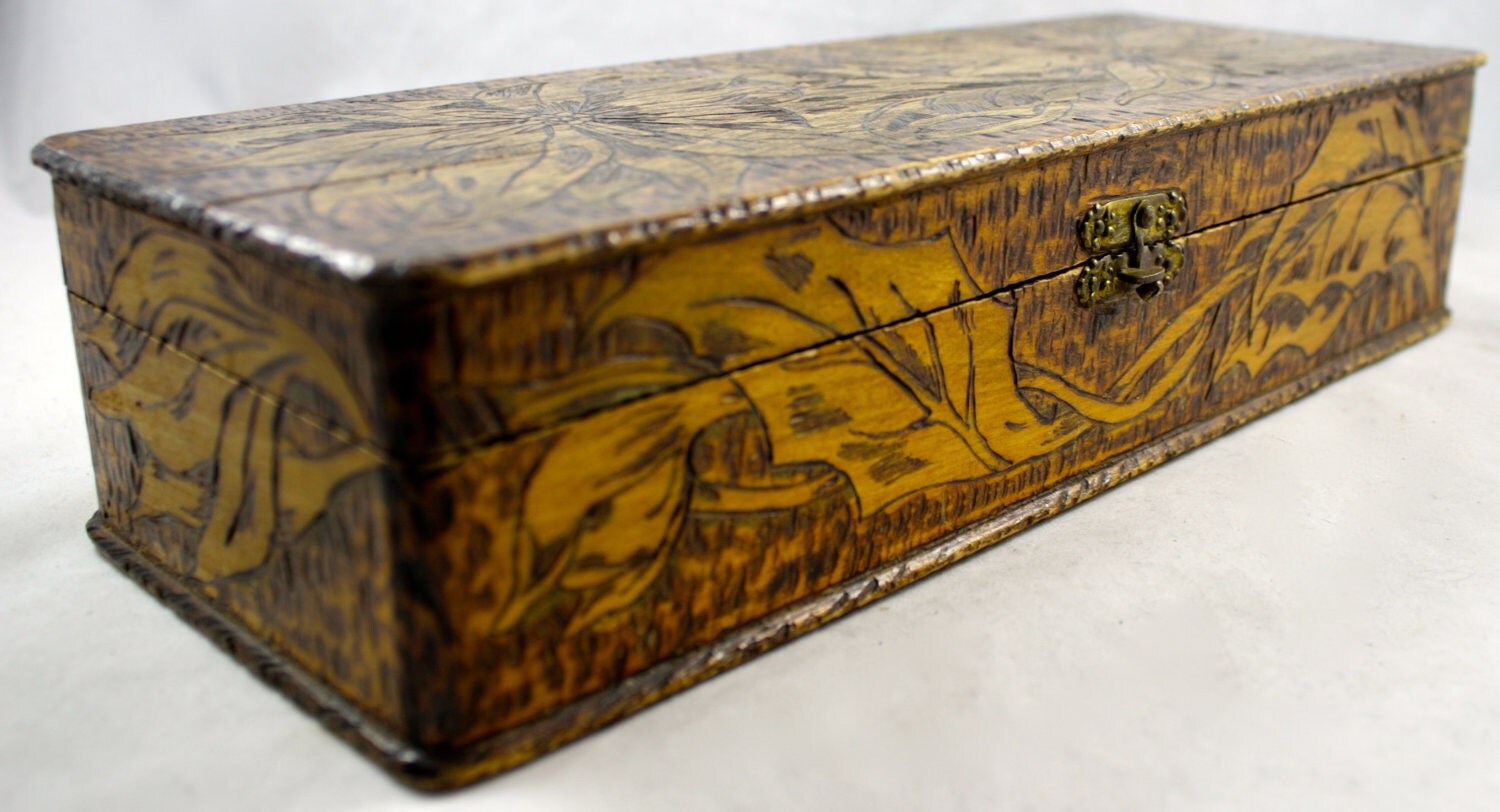 VINTAGE WOOD BOX with pyrography floral design and purple