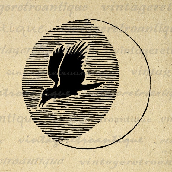 Printable Digital Moon Bird Image Night by VintageRetroAntique