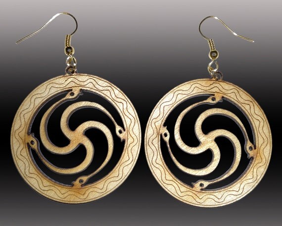 Items similar to Wood earrings "Grass Snake Swastika" ancient ornament ...