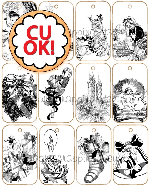 Printable Black & White Christmas Small Tags Digital Collage