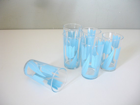vintage glass cup set with blue tulip pattern by industrialrelic