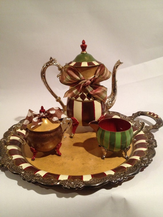 Items similar to Hand painted silver tea set, tray, CUSTOM on Etsy