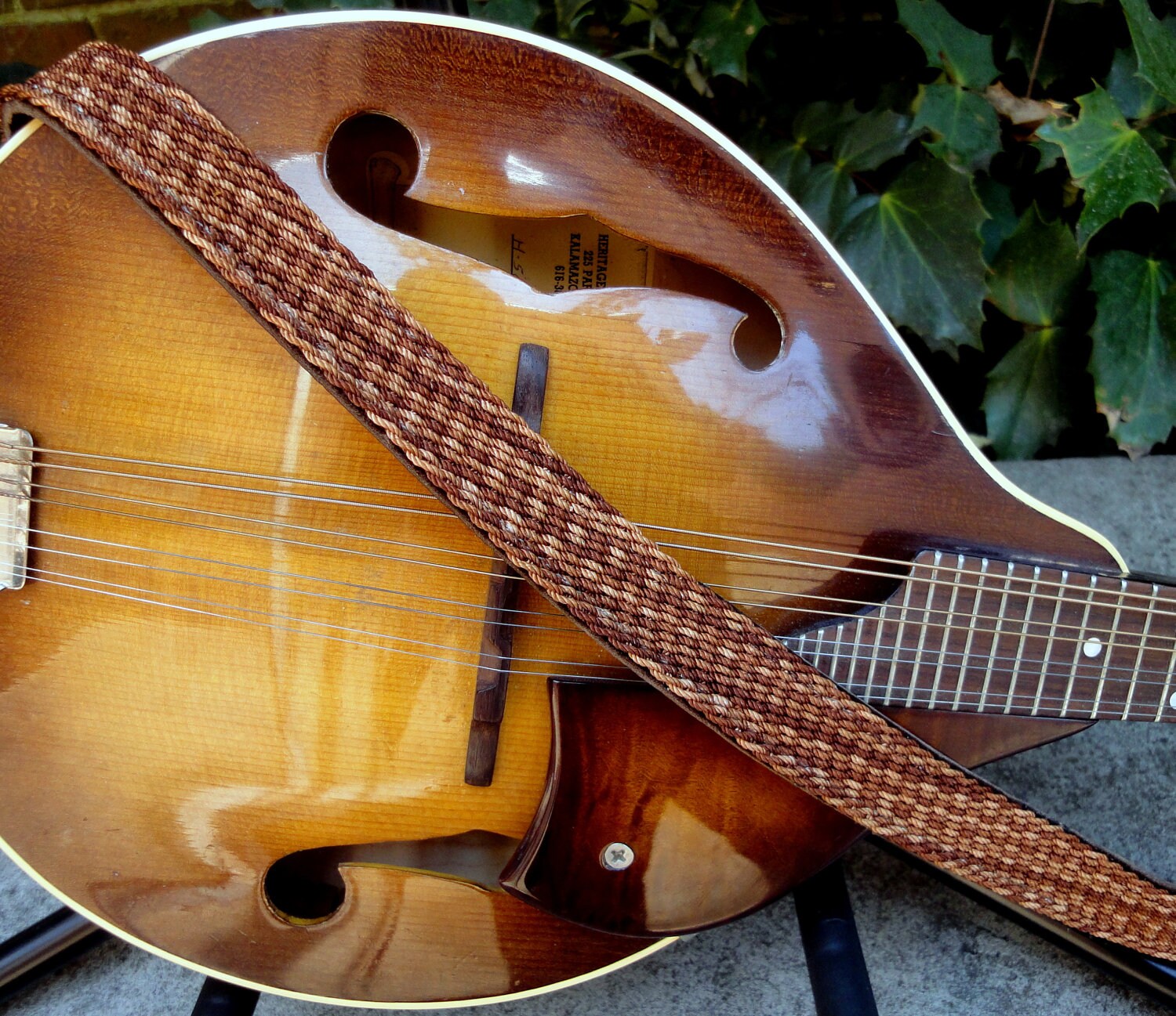 Finger Woven Mandolin Strap with Leather Backing by seeworks