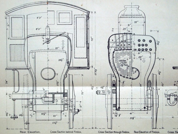 1893 Poster-sized Antique Engineering Drawing of an