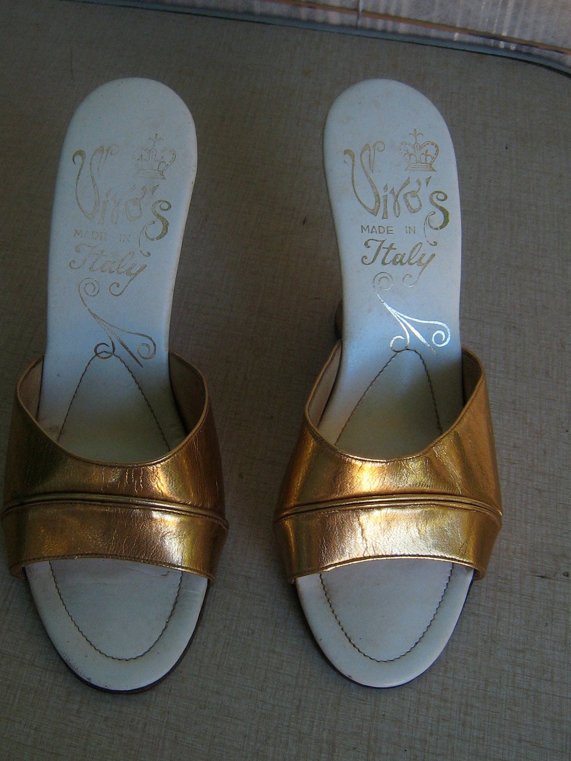 50s GOLD Mules With Wood FLOATING Or Boomerang by Flipsville