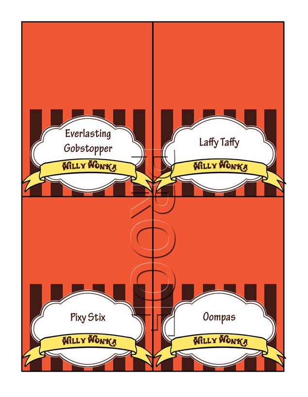 Willy Wonka Printable digital candy name tent card labels for