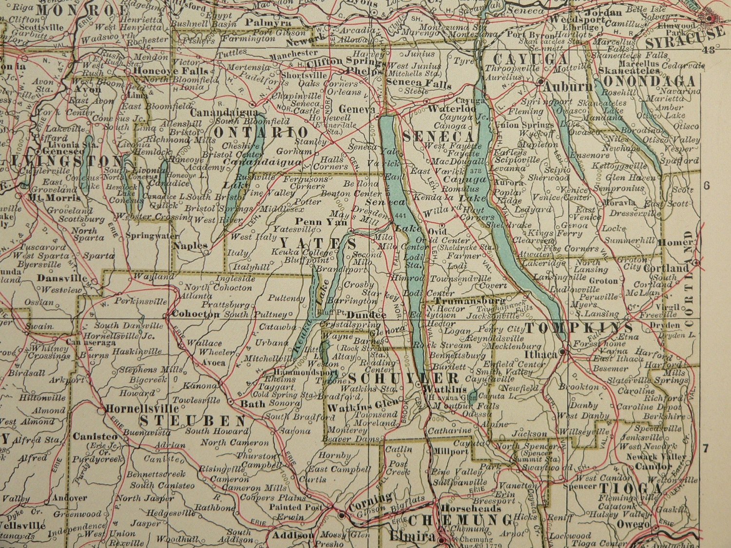 Western New York 1899 Antique State Map Buffalo Rochester Lake