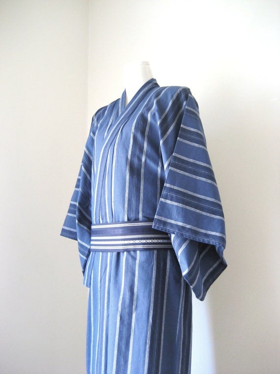 Mens KIMONO for Summer YUKATA SAMURAI robe cotton blue stripe