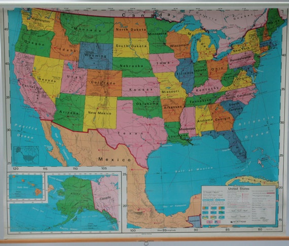 Vintage School Map Pull Down 1980s United States of America