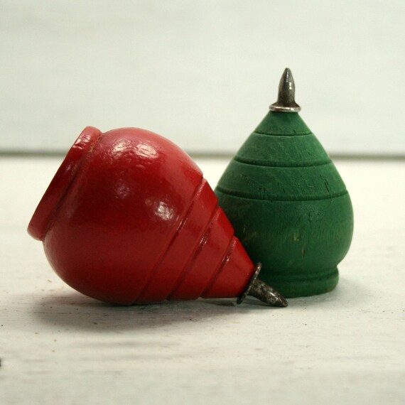 Vintage Two Wood Toy Tops Wood Spinners Mid Century by WarmNature