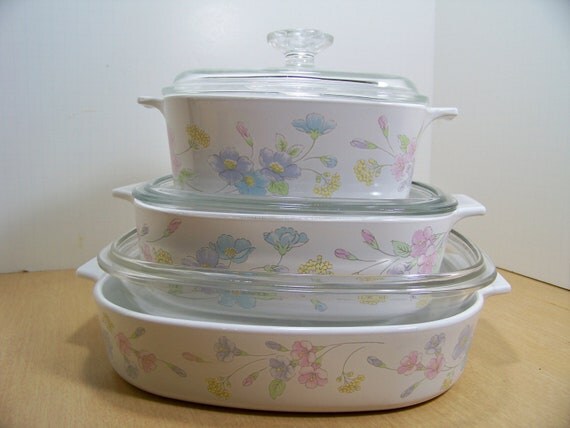 Corning Ware Pastel Bouquet 3 Piece Casserole Set with Lids
