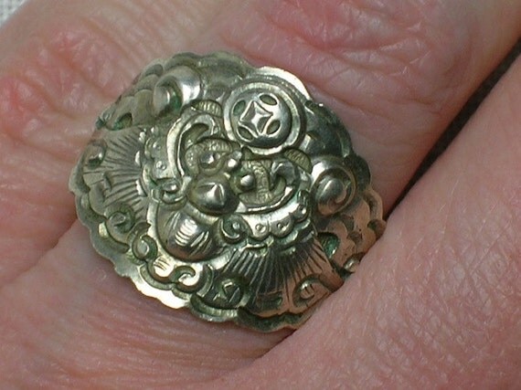 Vintage Chinese Bat Coin Ring: Feng Shui Luck Prosperity