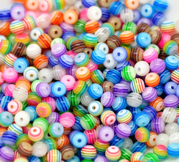 50 Round Mixed Colors Stripe Striped Beads . rainbow black