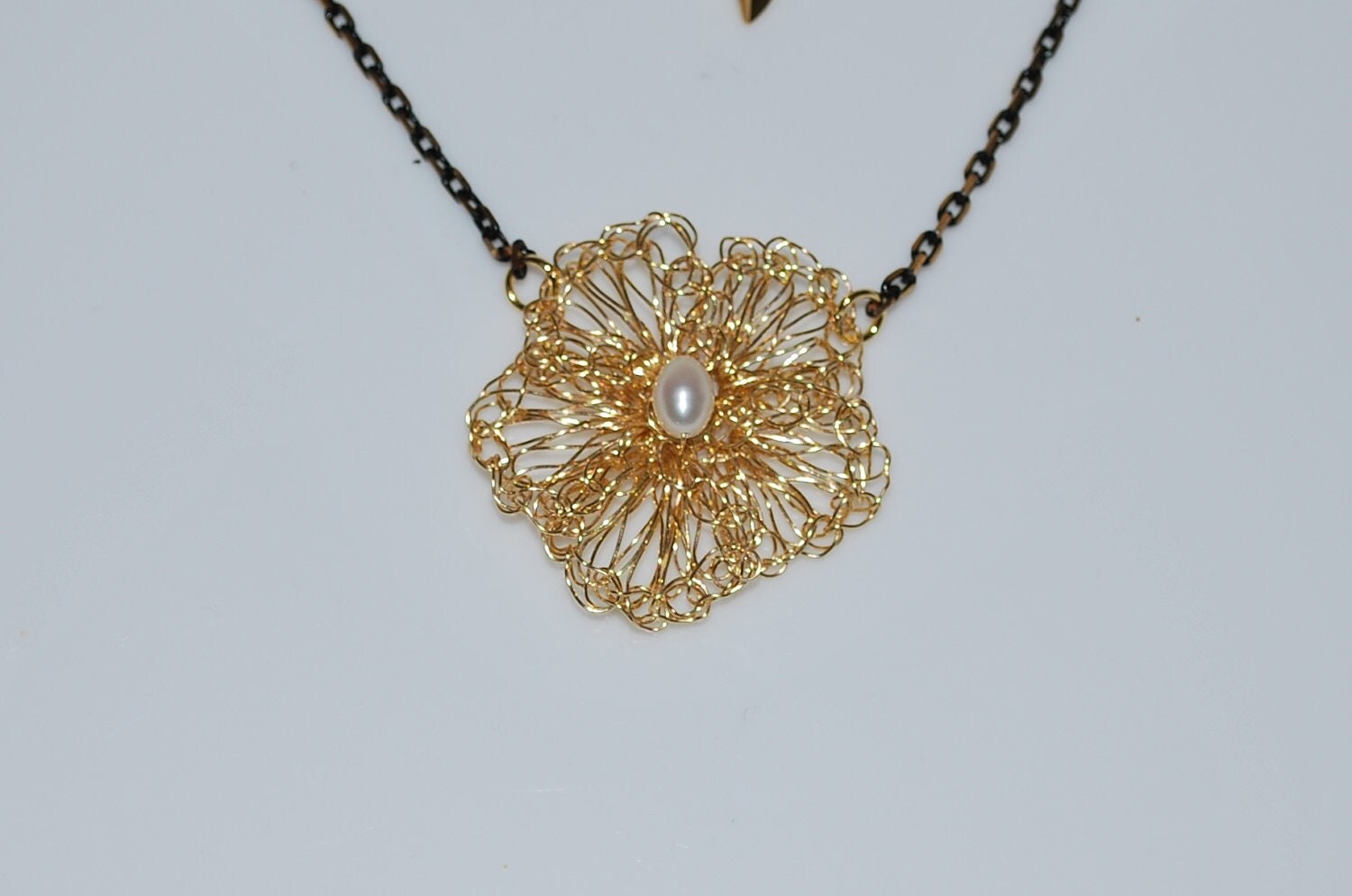 Crocheted Wire Flower Necklace Pearl On Crochet Wire Flower