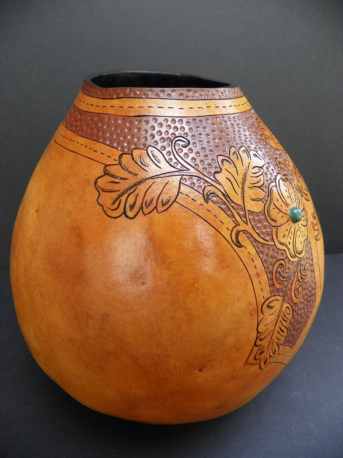 carved gourd bowl turquoise gourd art