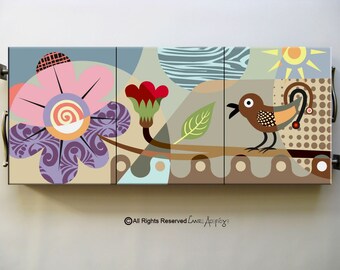 Modern Abstract Bird Art on Wood Blocks - Triptych Whimsical Bird Art ...