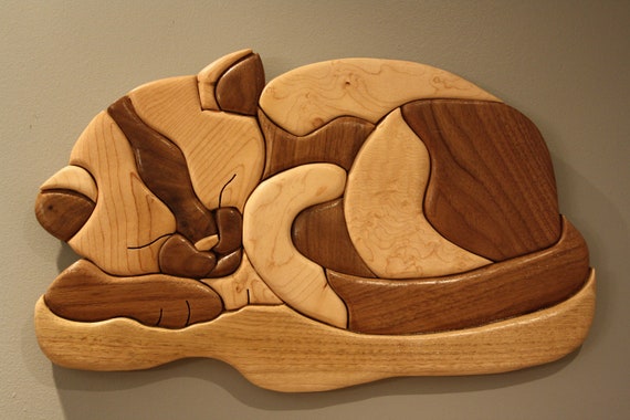 Natural Wood Cat Intarsia