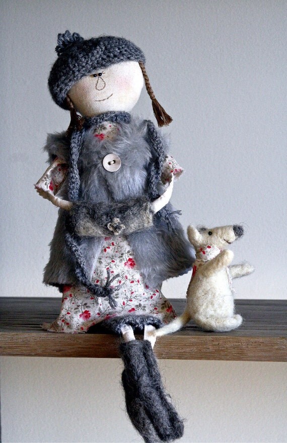 Items similar to WINTER & mouse - handmade primitive rag doll on Etsy
