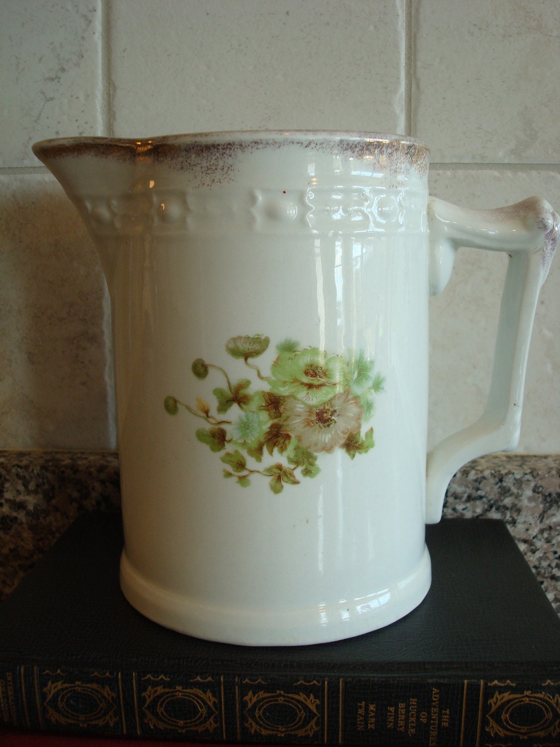 Vintage milk pitcher with green floral design and gold trim – Haute Juice