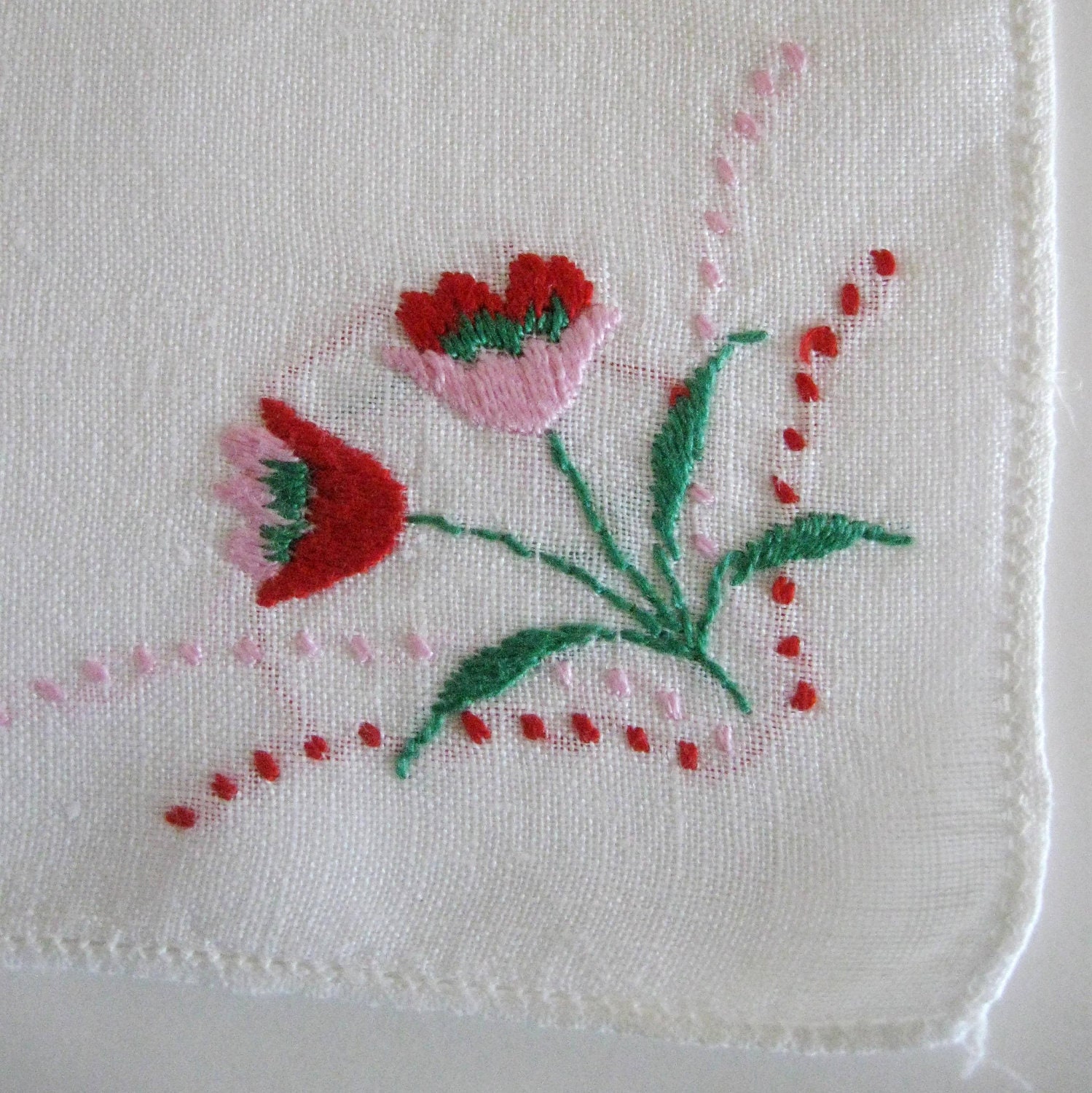 Vintage Handkerchief Embroidered Floral Tulip Pink Red Green White ...
