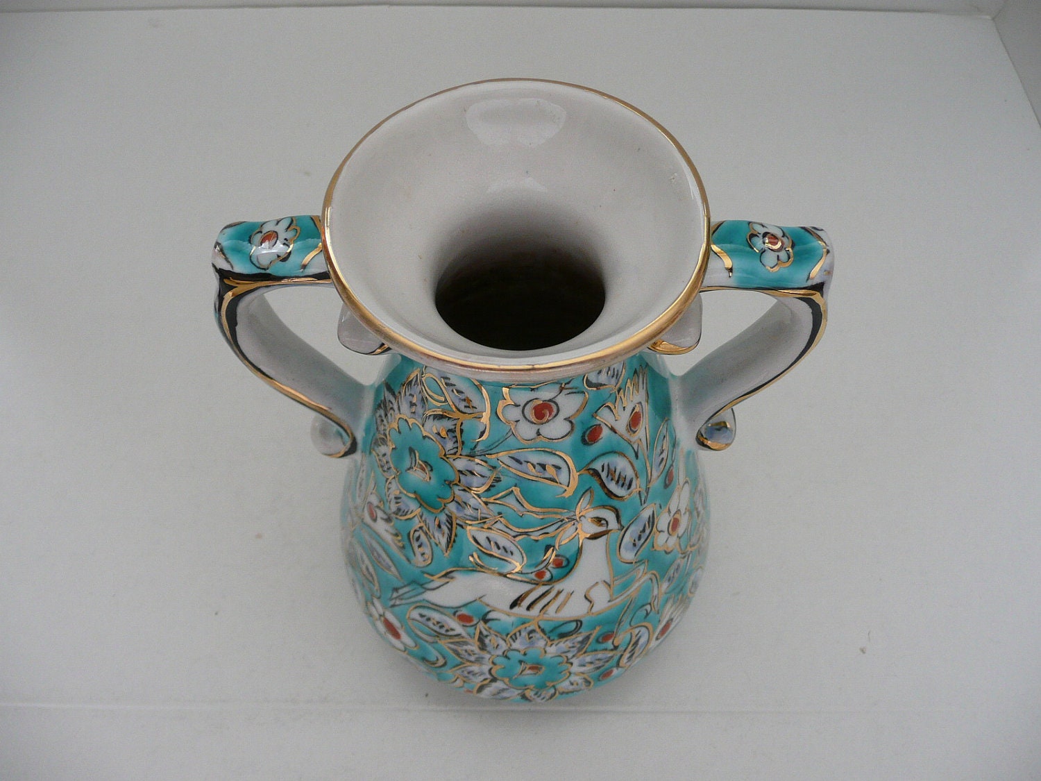 Ikaros Pottery of Rhodes Greece Aqua and Gold Two Handled Urn