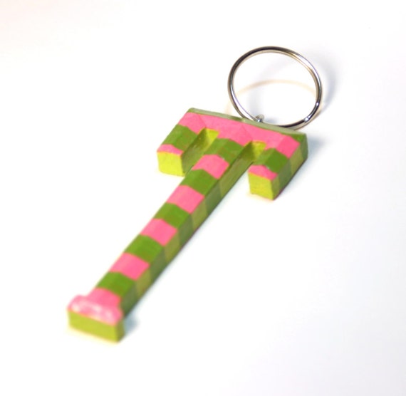 letter T monogram keychain fob handpainted in pink and green