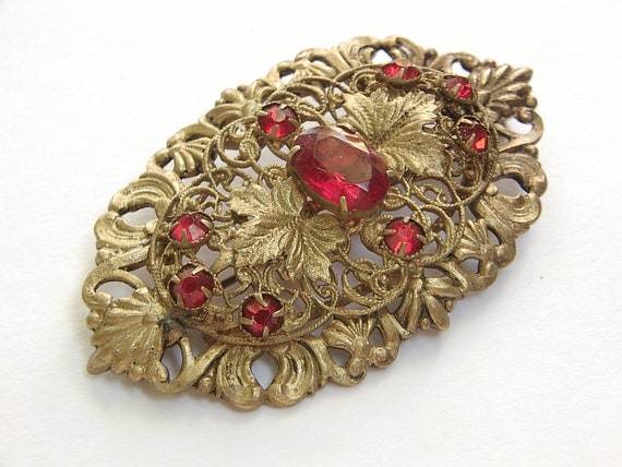 Antique Victorian brooch pin ruby red glass by ShoponSherman