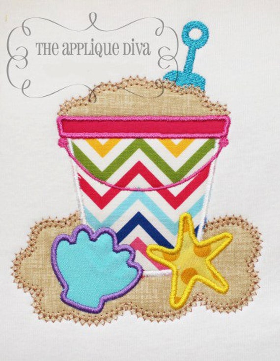 Summer Beach Sand Pail with Shells Embroidery Design Machine
